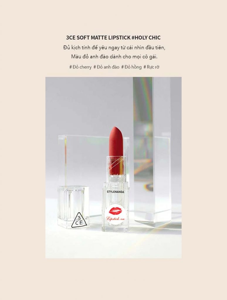 Son 3CE Holy Chic Soft Matte Lipstick Màu Đỏ Hồng Lạnh Thỏi Lì Mịn Môi